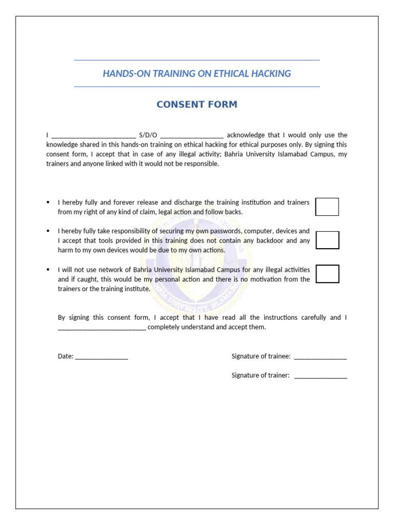 Ethical Hacking Training Consent Form | PDF