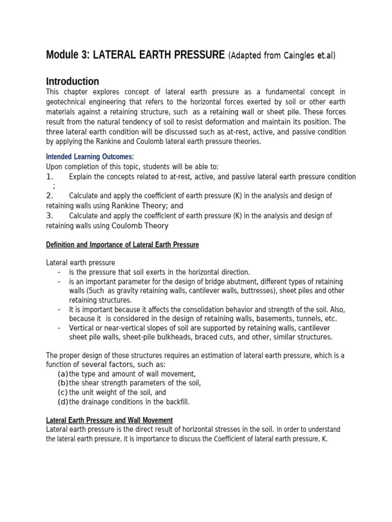 Module 3 Lateral Earth Pressure | PDF | Civil Engineering | Classical ...