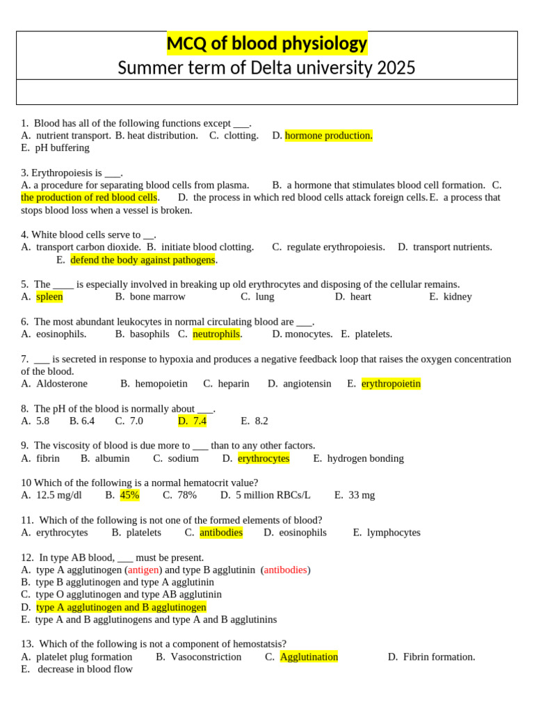 Blood Physiology MCQs for Delta University | PDF | Blood | Blood Cell