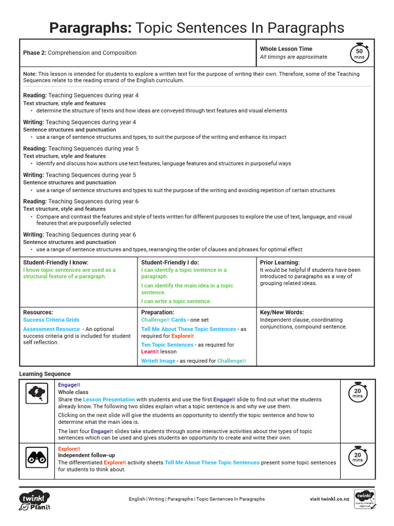 Lesson Plan Paragraphs Topic Sentences in Paragraphs | PDF | Sentence ...