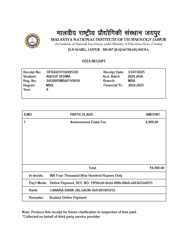 Fees Receipt 05456654654 | PDF