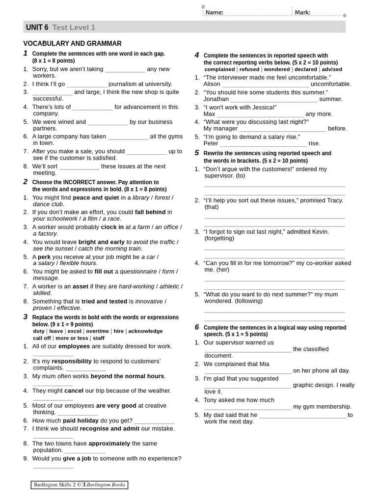 01skills2 U6 L1 Test VocabularyGrammar | PDF