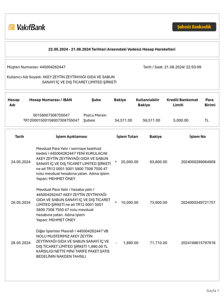 Türkiye Vakıflar Bankası Banka Ekstresi | PDF