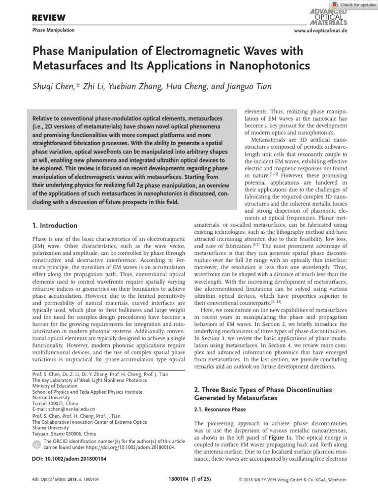Phase Manipulation of Electromagnetic Waves With Metasurfaces and Its ...