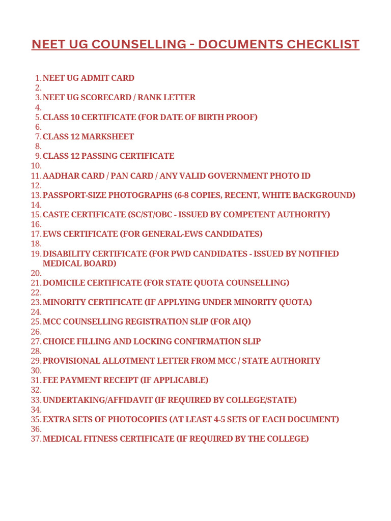 ?neet Ug Counselling - Docs Checklist | PDF