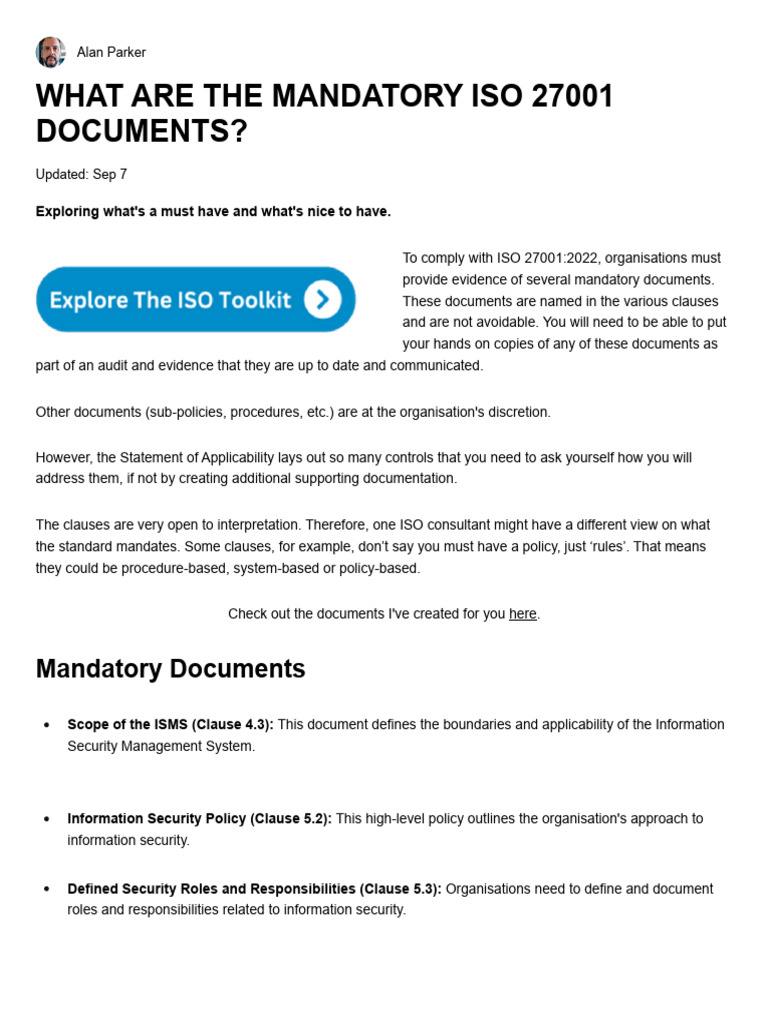 ISO 27001 Mandatory Document Guide | PDF | Information Security | Risk