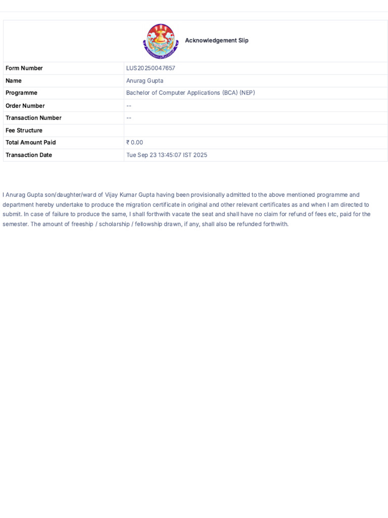 Acknowledgement Slip for BCA Admission | PDF