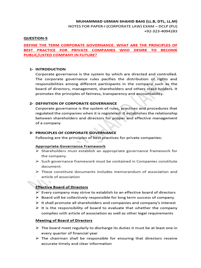 NOTES PAPER II - Topic Corporate Governance (DCLP) | PDF | Board Of ...