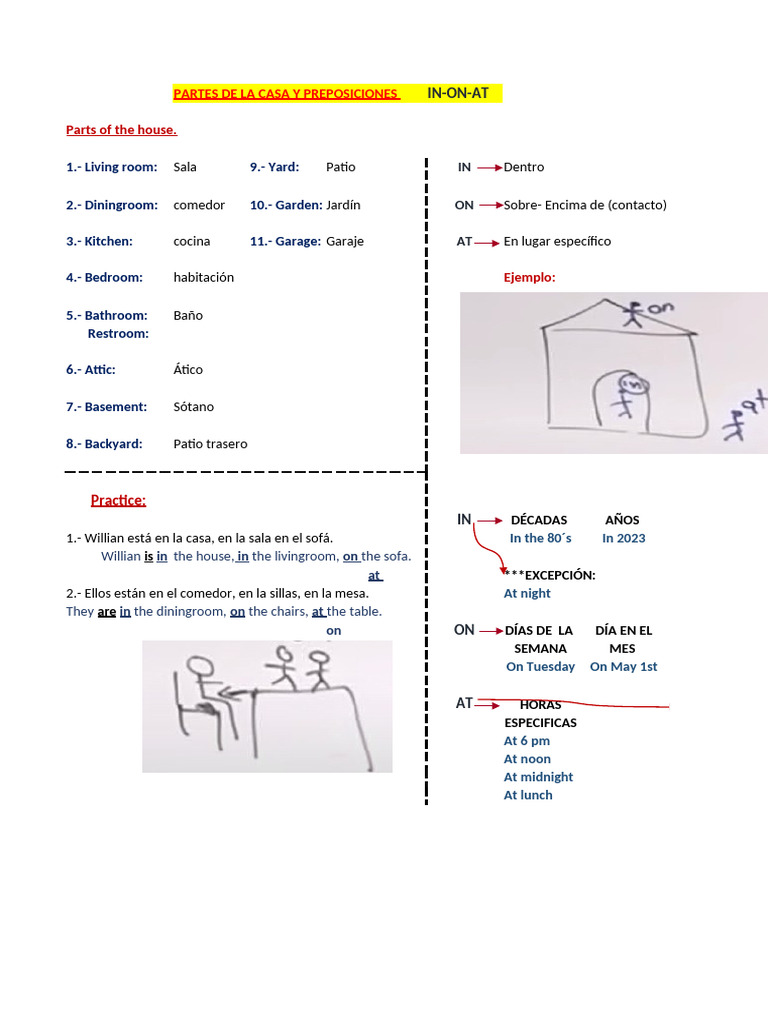 Partes de la Casa y Preposiciones IN-ON-AT | PDF