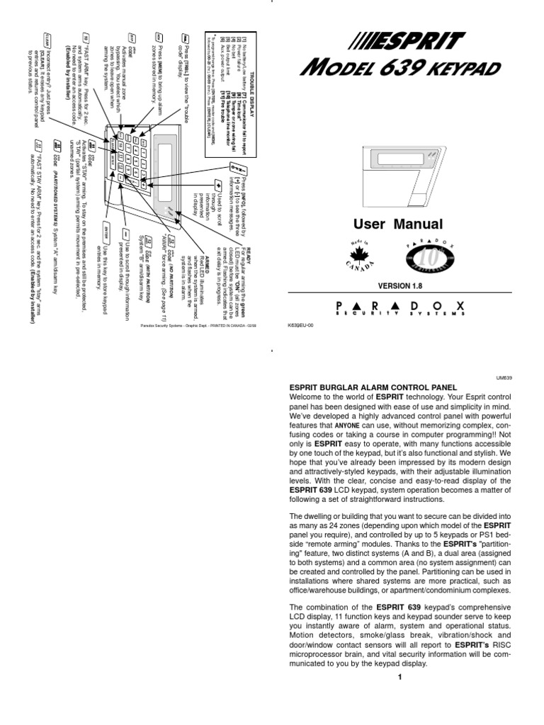Paradox Esprit 639 Keypad User Manual | Download Free PDF | Security ...