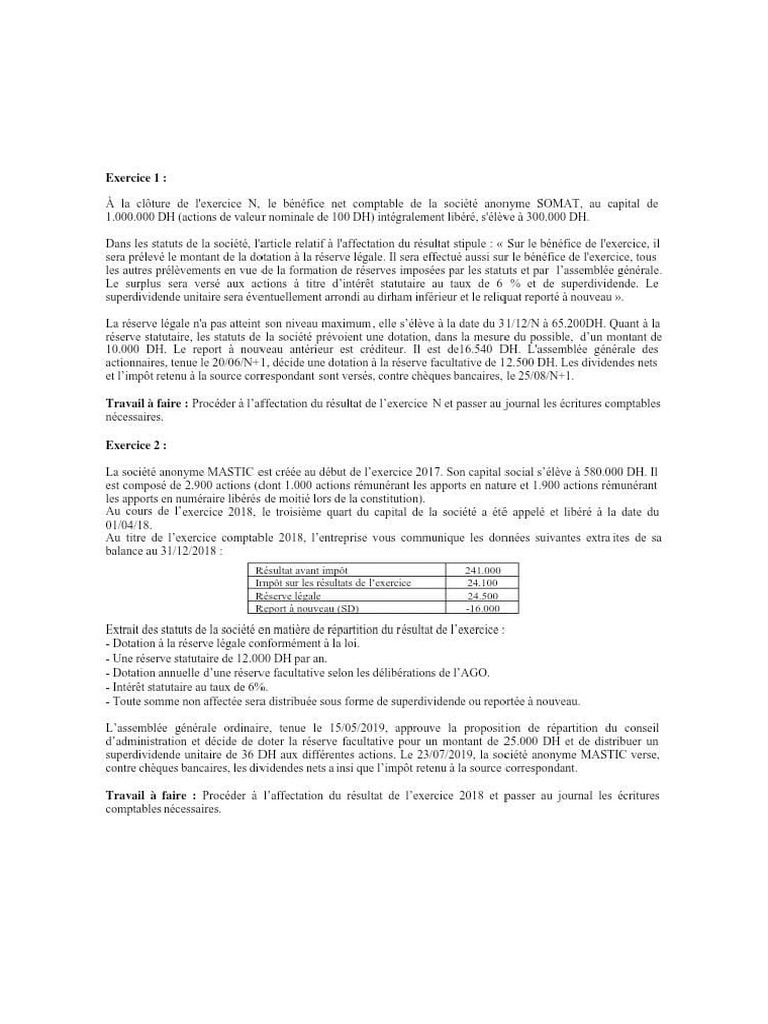 Exercices Corrigés Affectation Des Résultats by Hamza | PDF