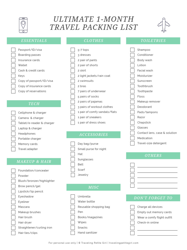 Ultimate 1-Month Travel Packing List | PDF | Toiletry | Human Appearance