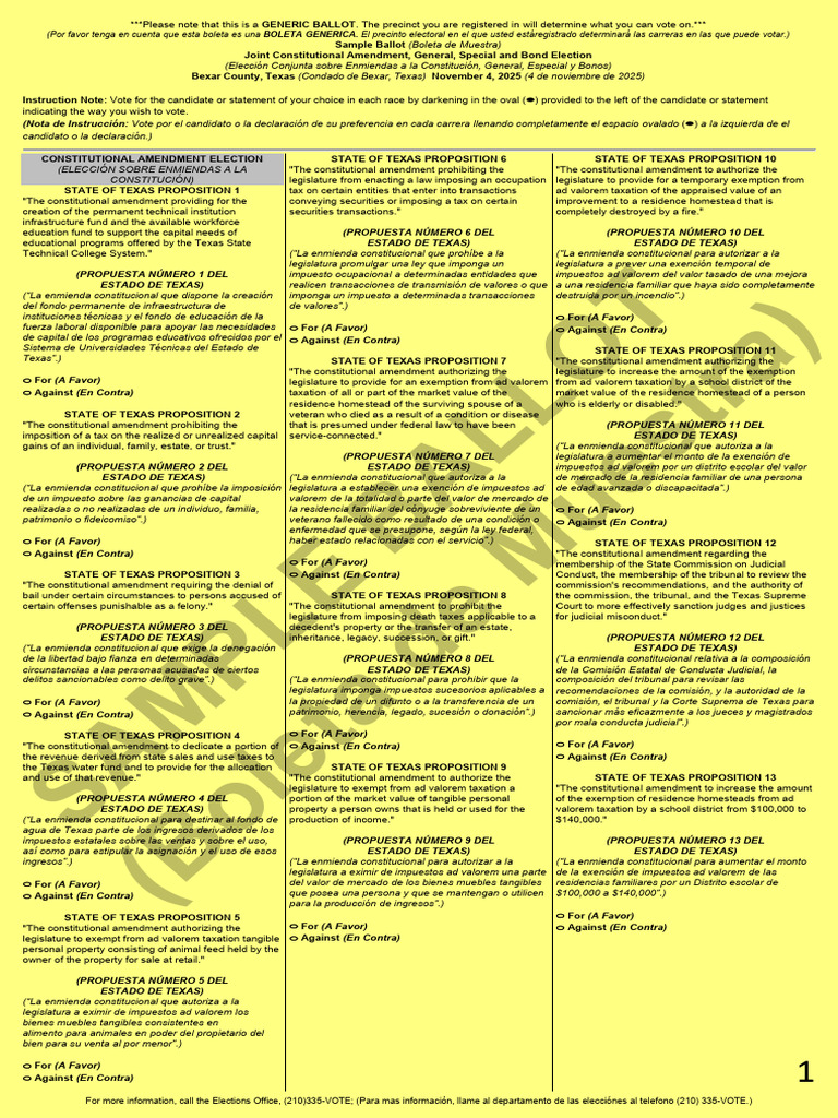 Bexar County Sample Ballot For Nov. 4, 2025 Election | PDF | Estado de ...