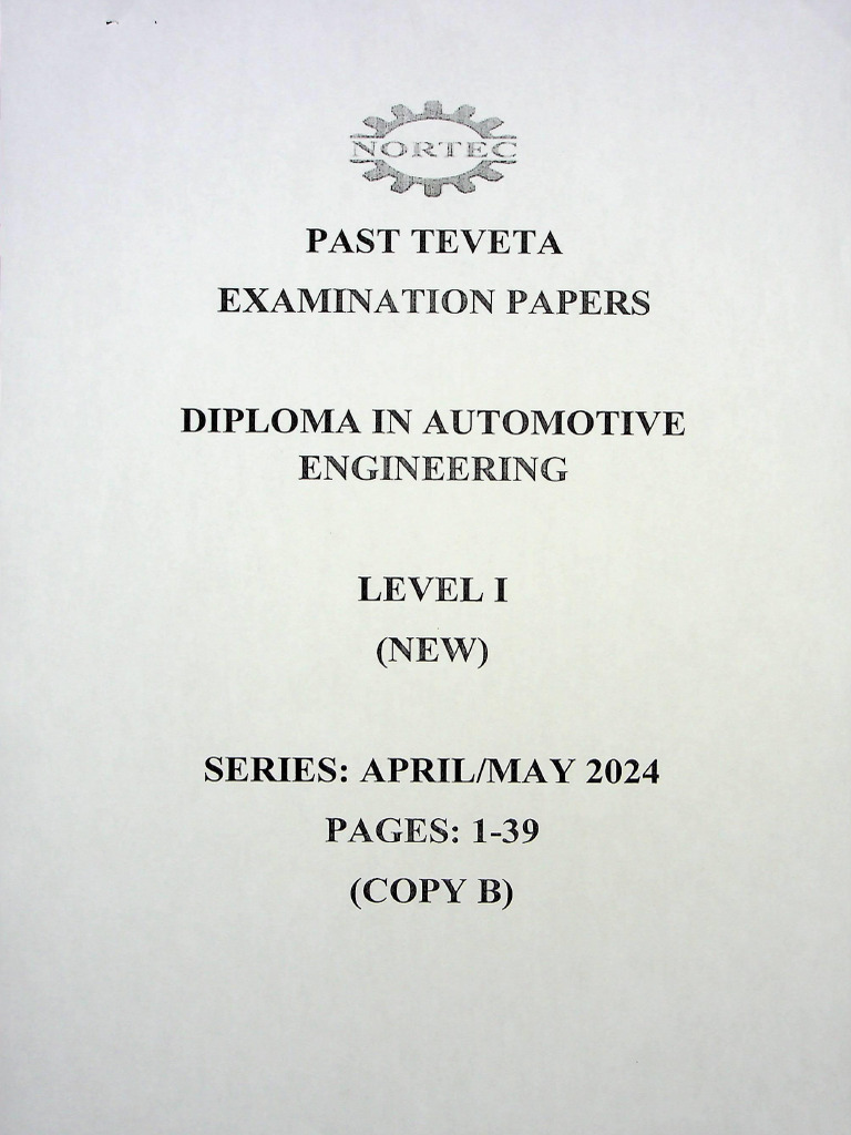 Diploma in Automotive Engineering Level I (New) Past Teveta Exam Papers ...