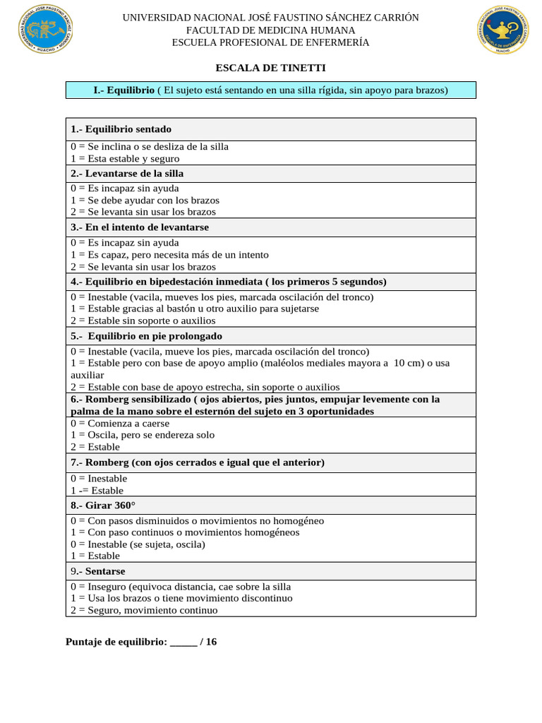Escala de Tinetti: Evaluación de Equilibrio y Marcha | PDF