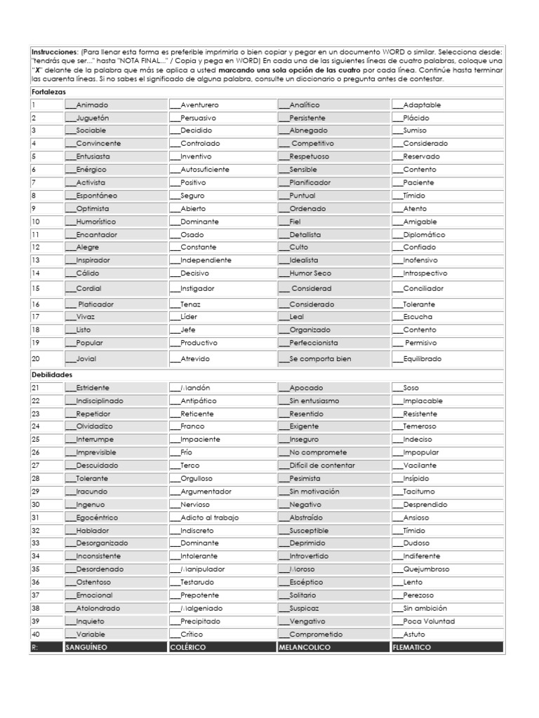Evaluación de Personalidad Sanguínea y Colérica | PDF | Temperamento ...