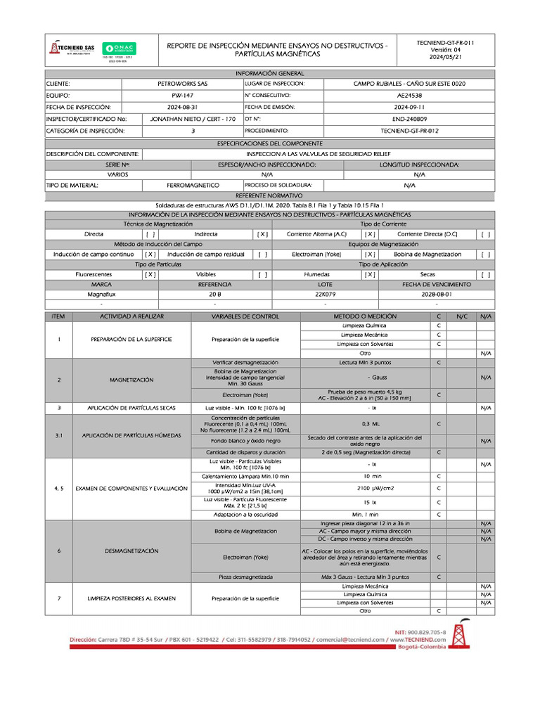 Reporte de Inspeccion Válvula Seguridad Relief | PDF | Electromagnetismo | Fenomeno fisico