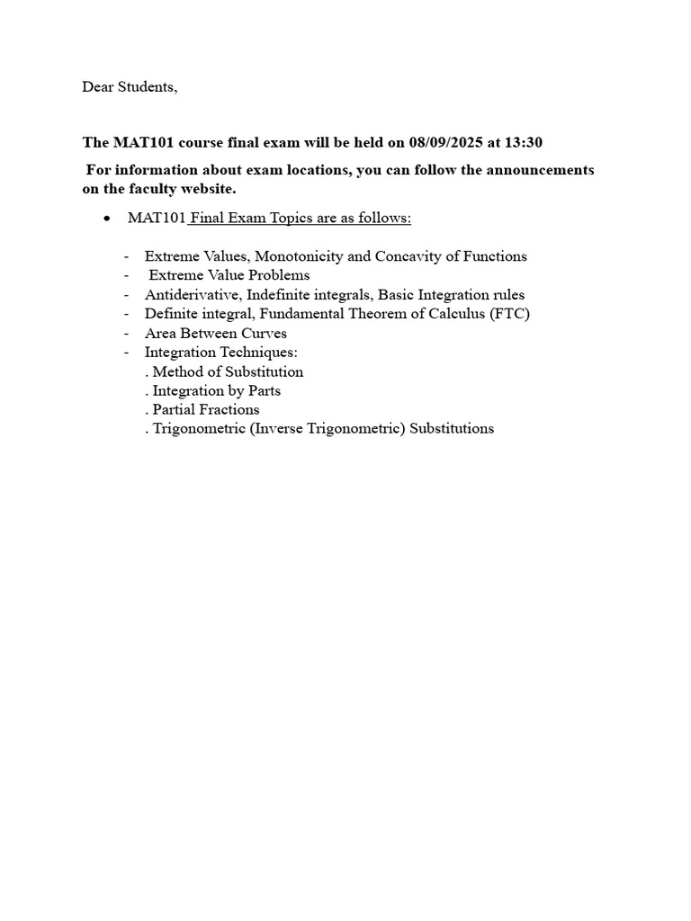 Mat101 Final Exam Topics | PDF