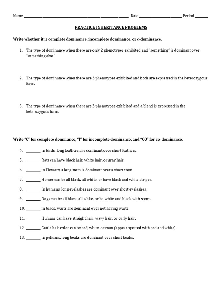 Inheritance Problems Practice Worksheet | PDF | Dominance (Genetics ...