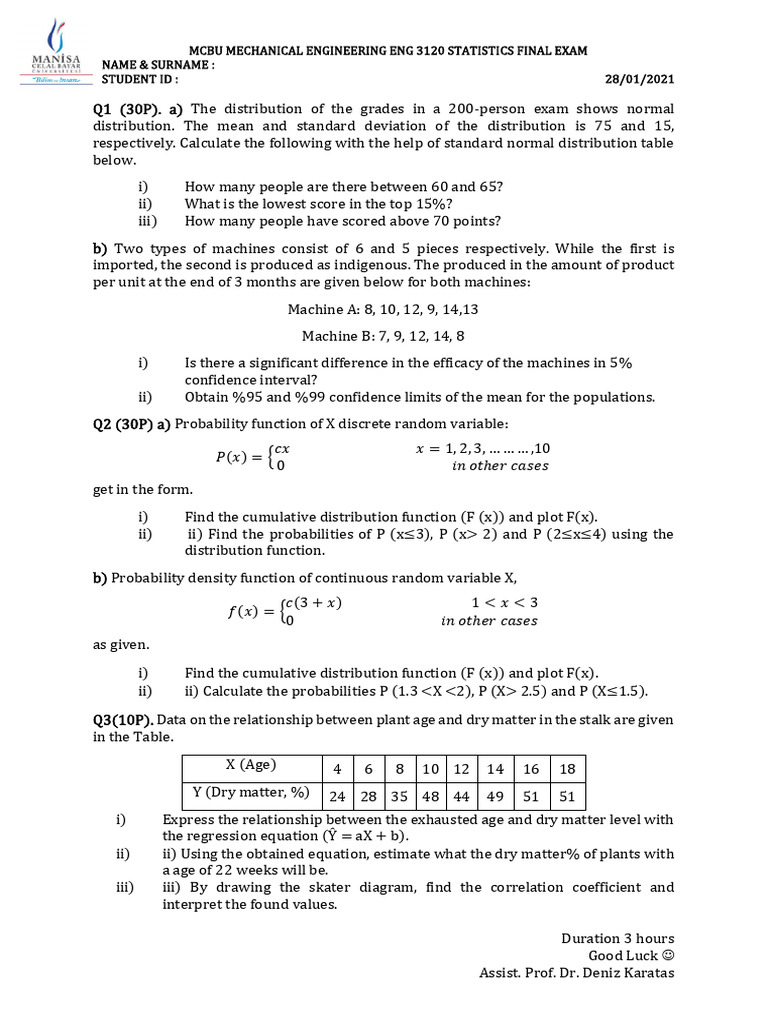Mechanical Engineering Statistics Exam | PDF | Probability Distribution ...