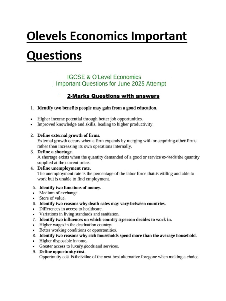Olevels Economics Important Questions 2markers | PDF