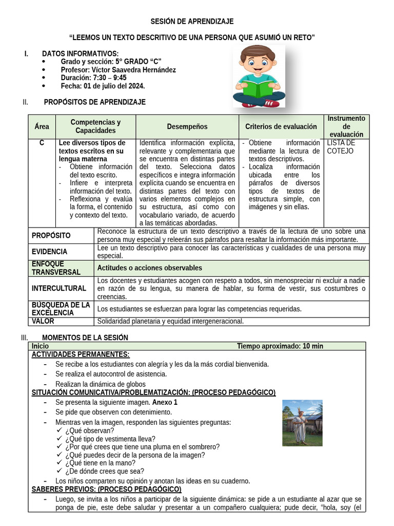 5º Grado Com Leemos Un Texto Descriptivo De Una Persona Que Asumió Un