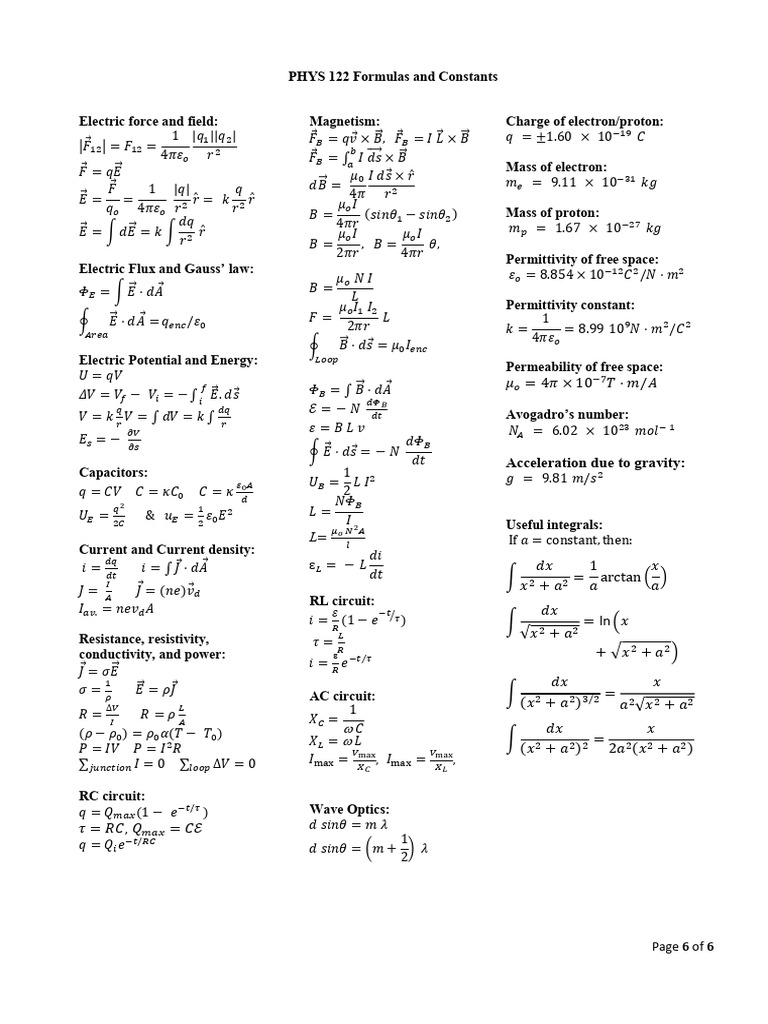 PHYS122 Formula Sheet Summer2025 | PDF | Permittivity | Theoretical Physics