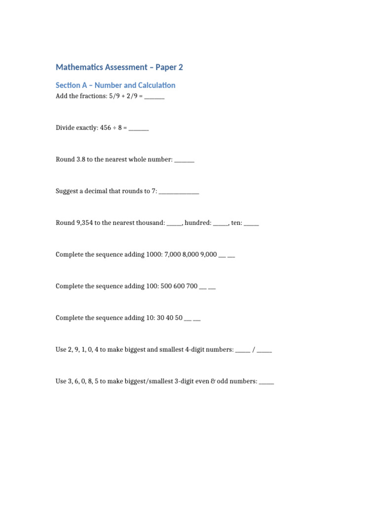 Math Assessment Paper 2: Number Skills | PDF