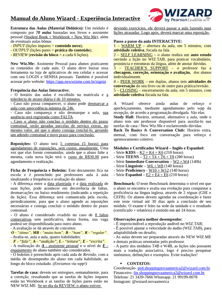 Manual do Aluno Wizard: Aulas e Regras | PDF
