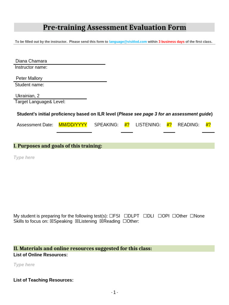 Pre and Post - Assessment Evaluation Form Template (First and Last ...