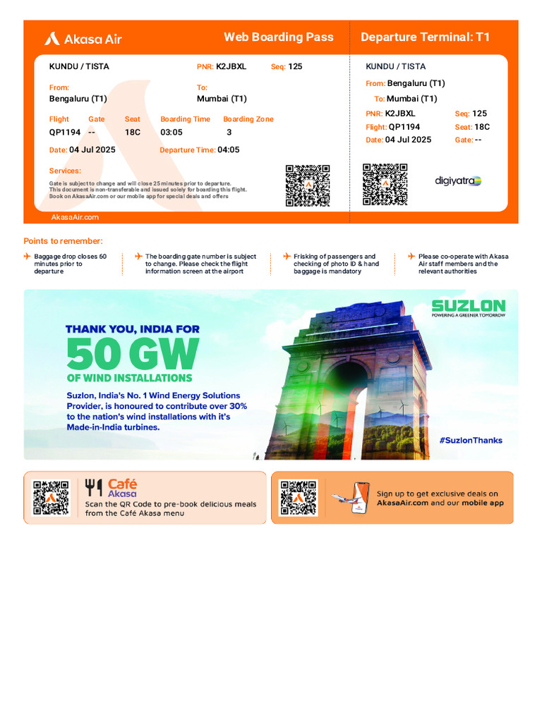 Akasa Air E-Boarding Pass - K2JBXL - Tista | PDF