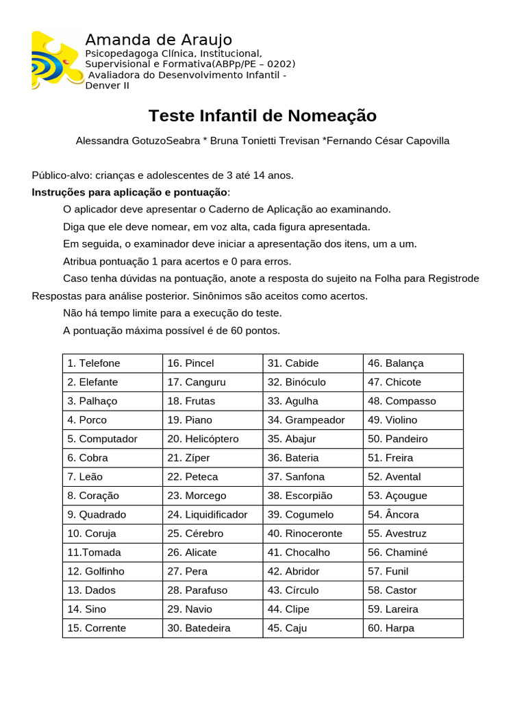 Teste Infantil de Nomeação Denver II | PDF