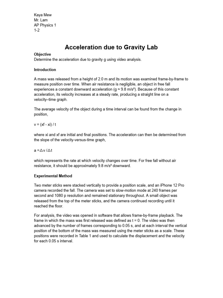 Acceleration Due To Gravity Lab | PDF | Velocity | Acceleration