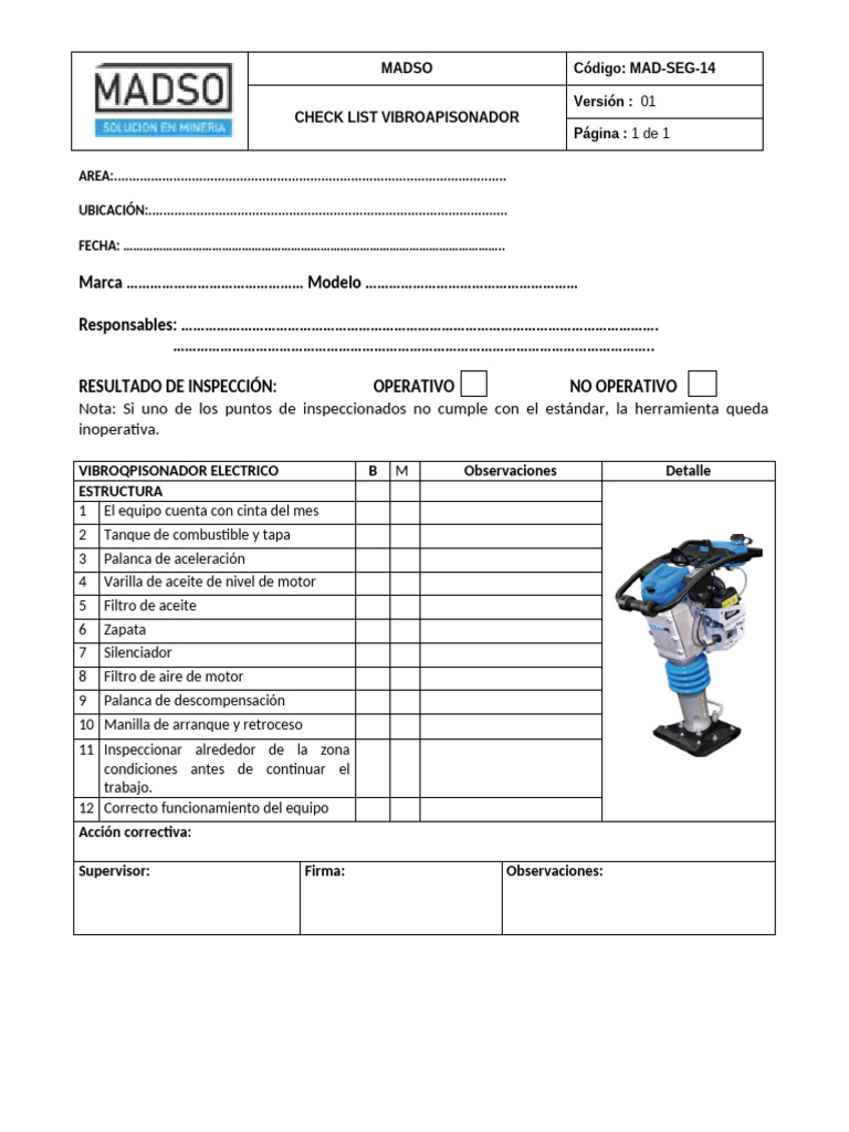 Checklist de Inspección de Equipos Pesados | PDF | Perforar