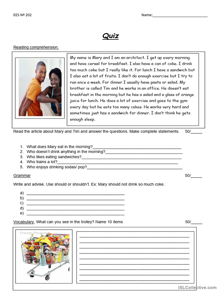 Reading Comprehension and Food Vocabulary Quiz | PDF | Lunch | Cuisine