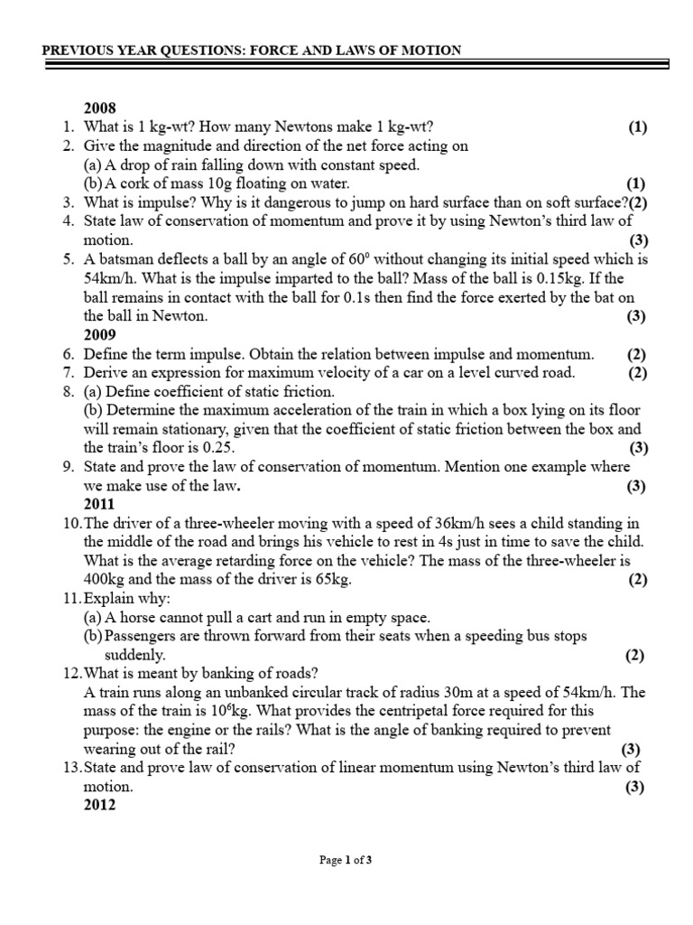 Previous Year Questions on Motion Laws | PDF | Force | Newton's Laws Of ...