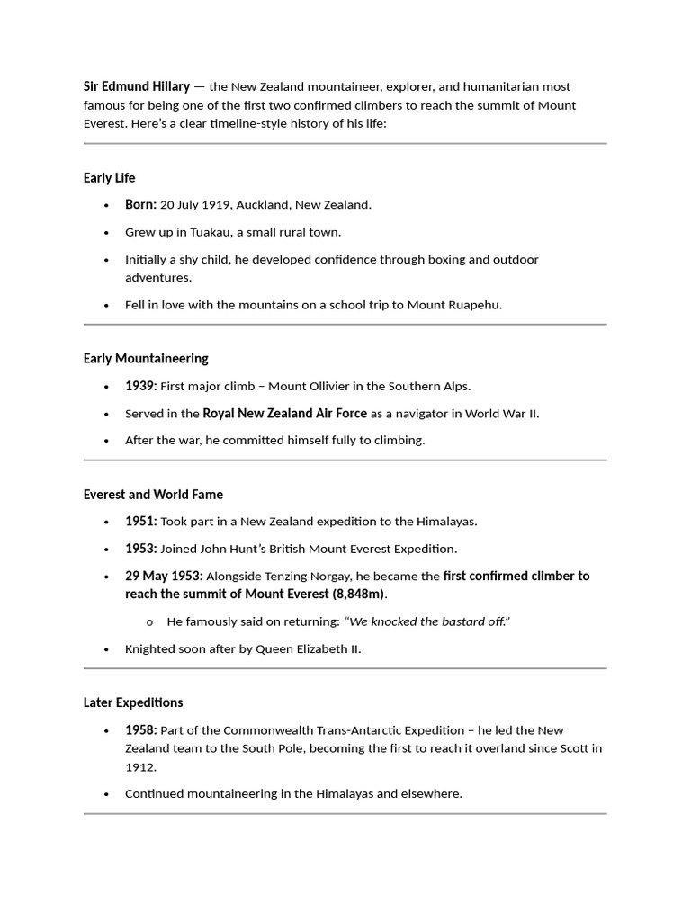 Sir Edmund Hillary Biography | PDF