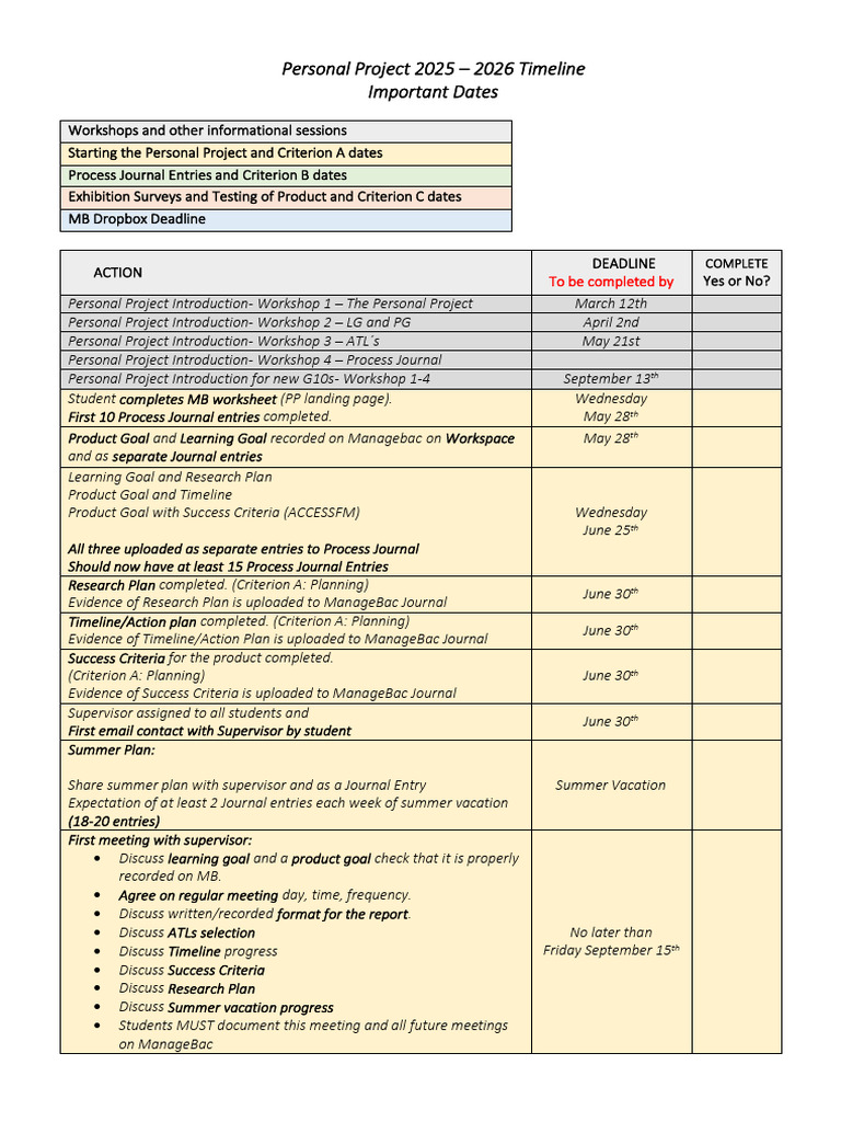 Personal Project TIMELINE 2025-26 | PDF