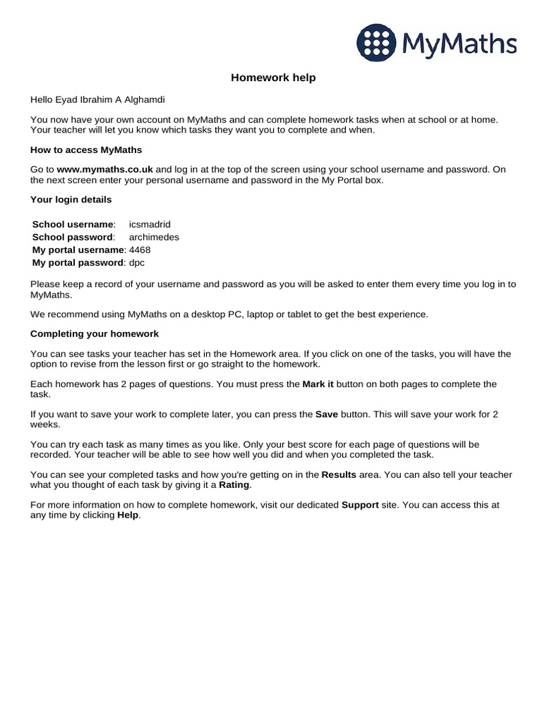 MyMaths Homework Access Guide | PDF | Login | Password