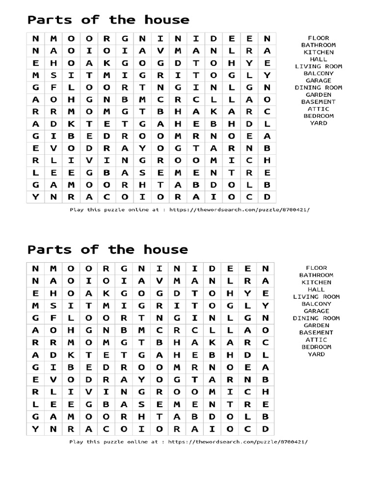 Wordsearch Parts of The House | PDF