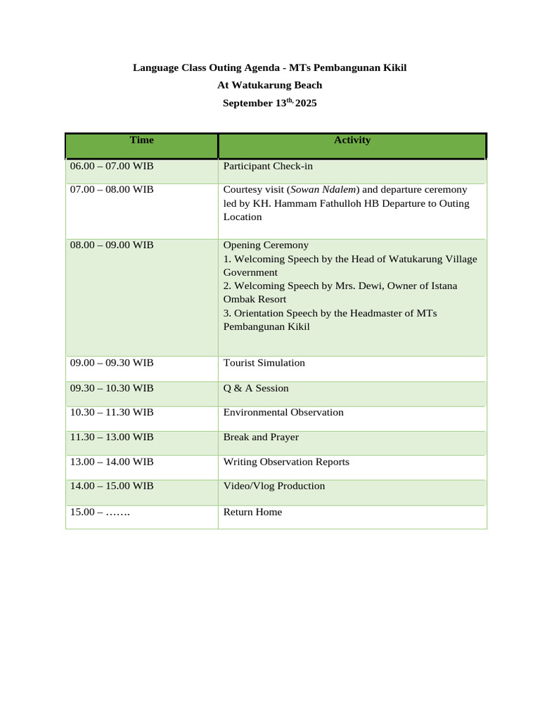 Language Class Outing Agenda | PDF