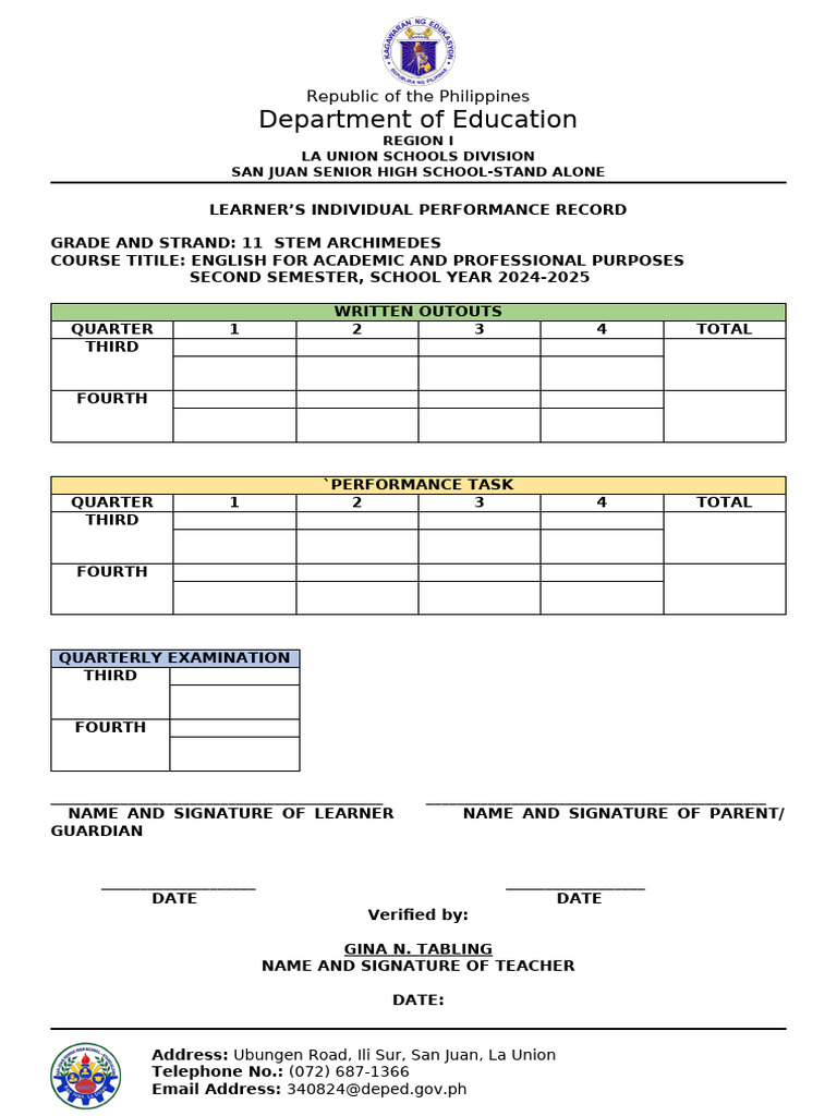 Learner Performance Record for STEM 11 | PDF