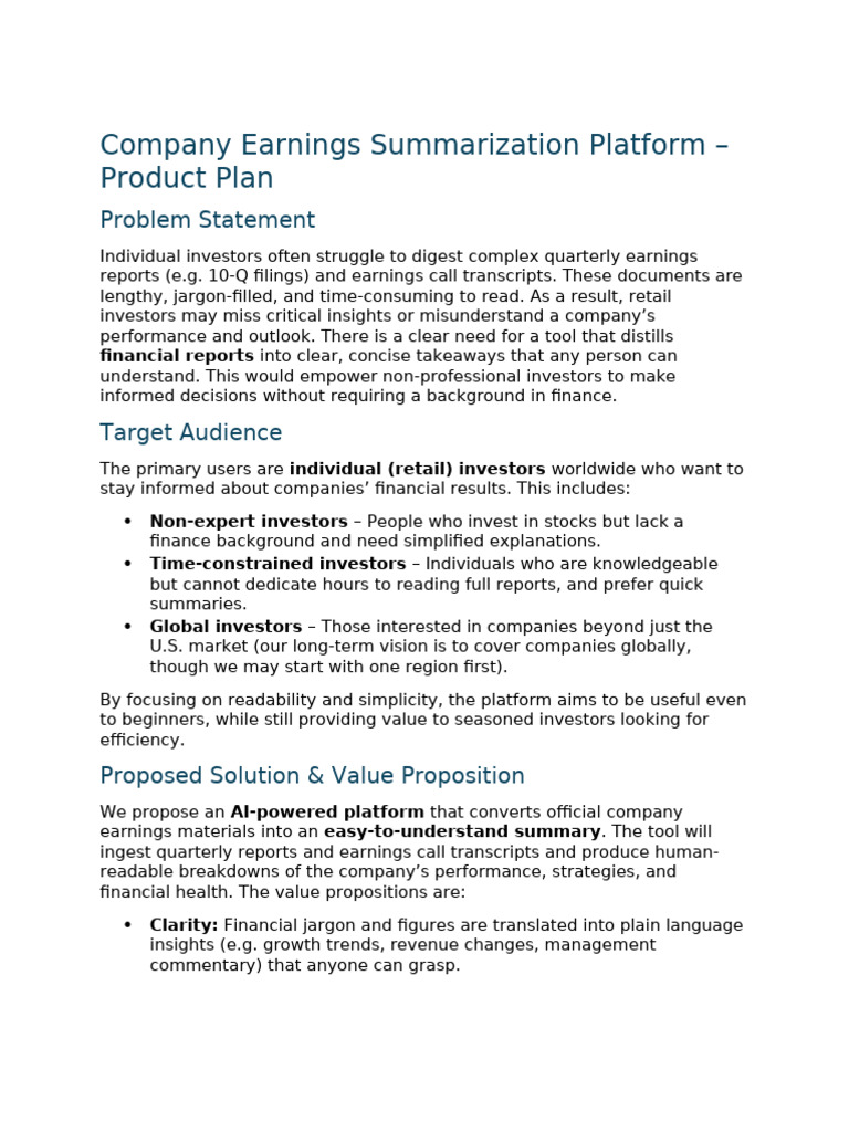 Simplifying Earnings Reports for Investors | PDF | Databases | Mobile App