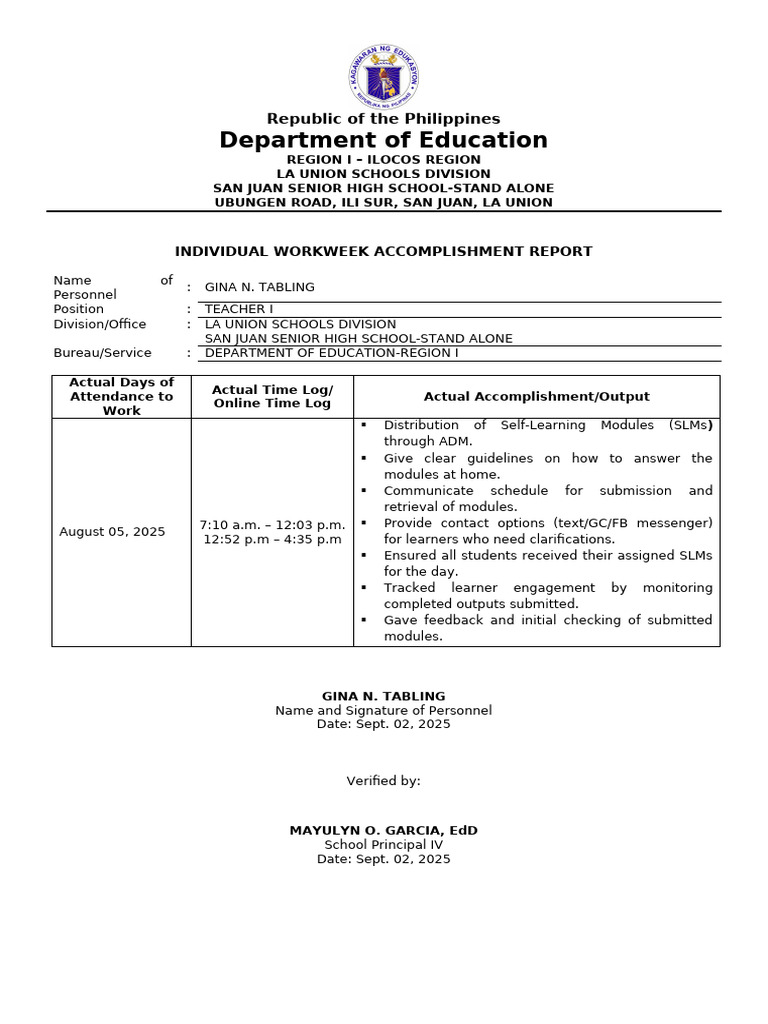 La Union Teacher Workweek Report | PDF