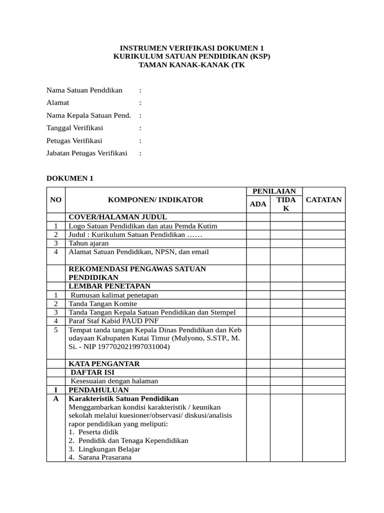 Verifikasi Kurikulum TK Kutai Timur | PDF