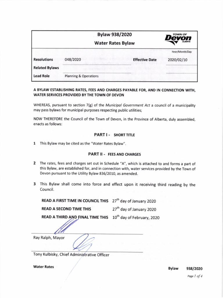 2020 07 31 Water Rates Bylaw 938 - v1 | PDF