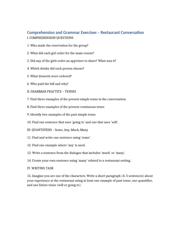 Restaurant Conversation Exercises | PDF