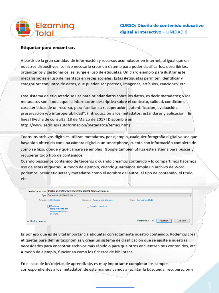 Unidad 6 - Etiquetar para Encontrar, Metadatos | PDF | Metadatos | Ciencia cognitiva