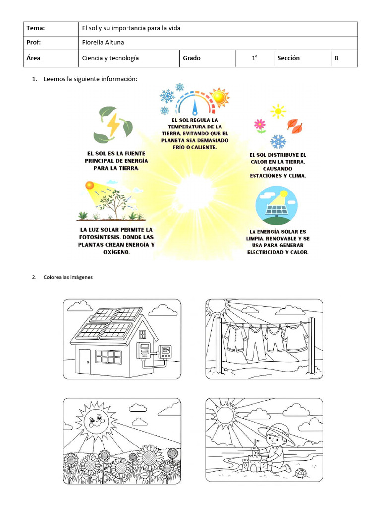 Ficha - El Sol y Su Importancia - Semana 2 | PDF