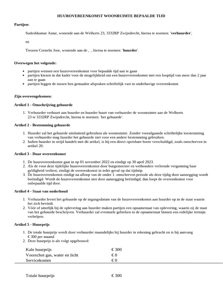 Huurcontract Woning Bepaalde Tijd | PDF